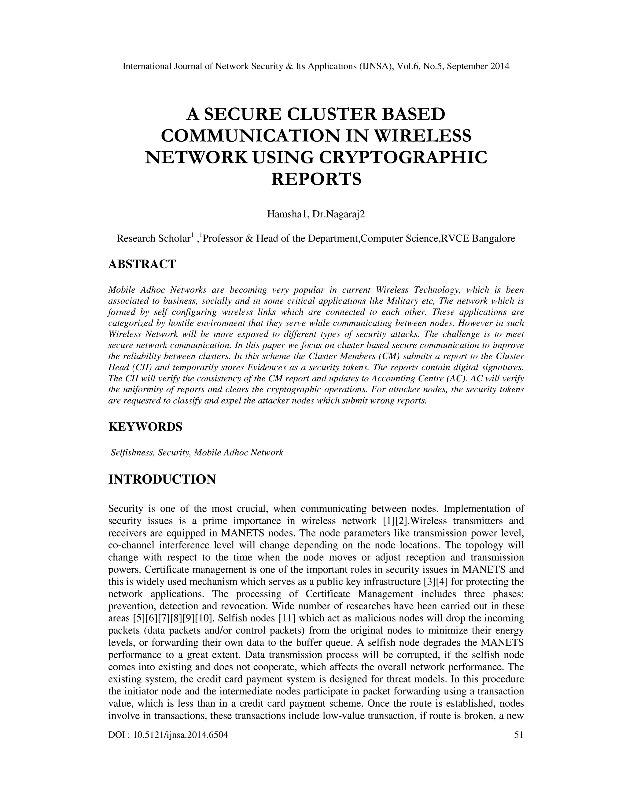 A SECURE CLUSTER BASED COMMUNICATION IN WIRELESS NETWORK USING CRYPTOGRAPHIC REPORTS | PDF