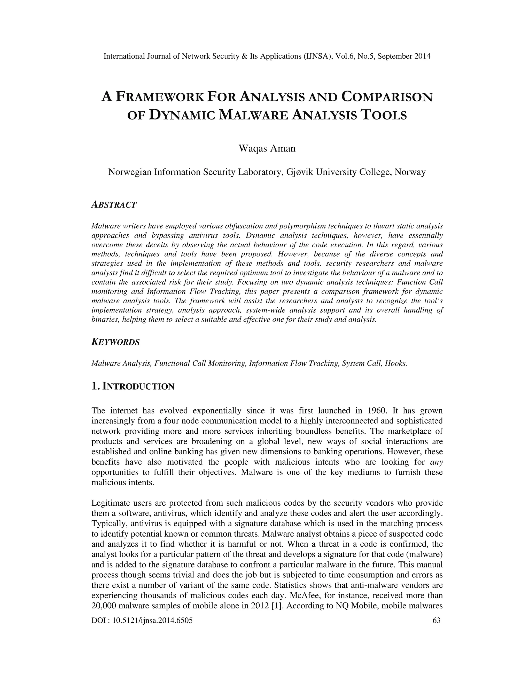 A FRAMEWORK FOR ANALYSIS AND COMPARISON OF DYNAMIC MALWARE ANALYSIS TOOLS | PDF