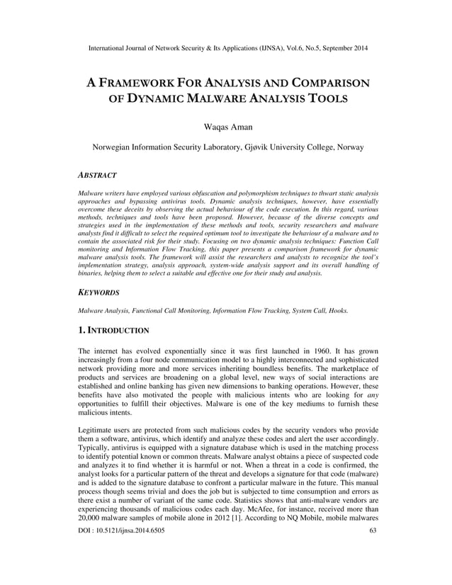 A FRAMEWORK FOR ANALYSIS AND COMPARISON OF DYNAMIC MALWARE ANALYSIS TOOLS | PDF