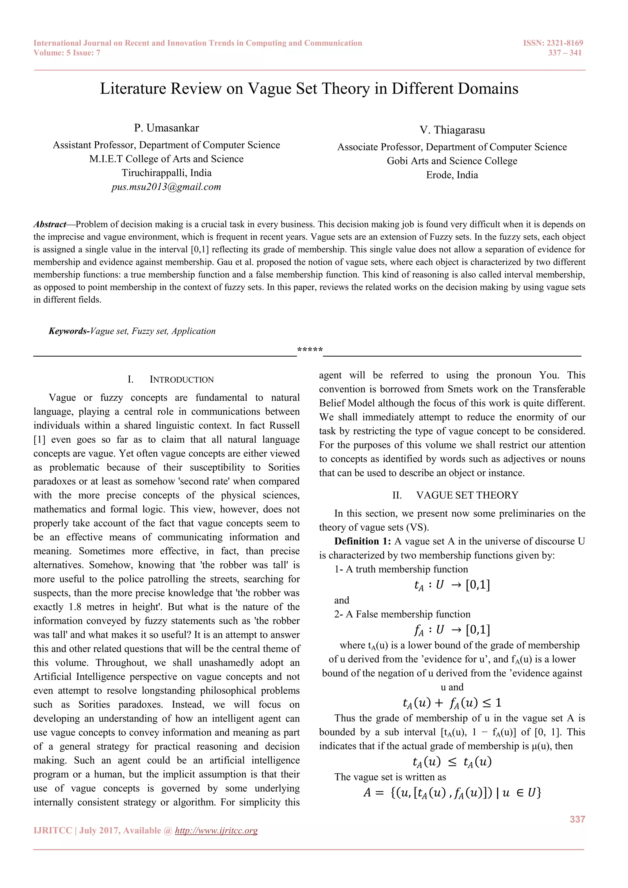 Literature Review on Vague Set Theory in Different Domains | PDF