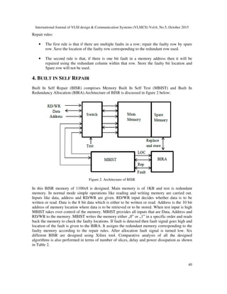 AREA, DELAY AND POWER ANALYSIS OF BUILT IN SELF REPAIR USING 2-D REDUNDANCY | PDF