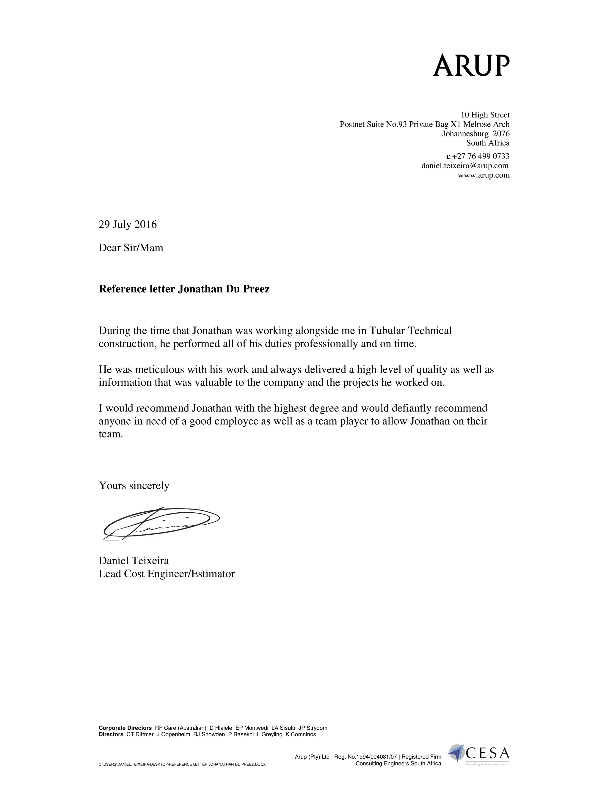 Reference Letter Jonathan Du Preez | PDF