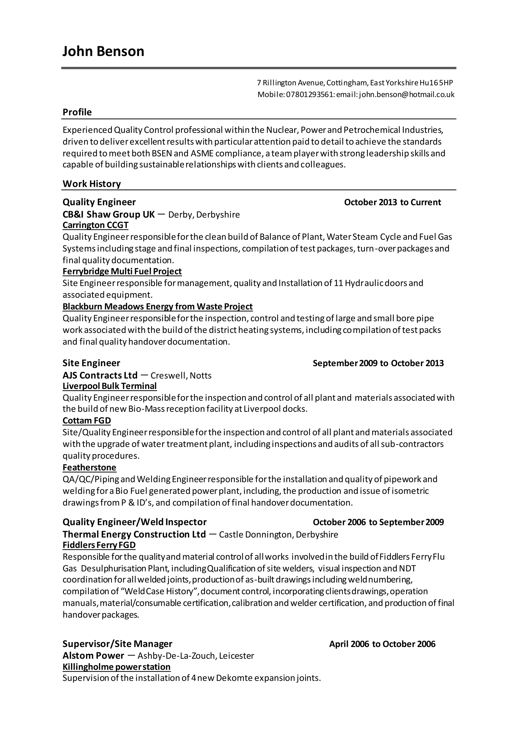 John Benson CV 2016 1 | DOCX | Construction Industry | Industries