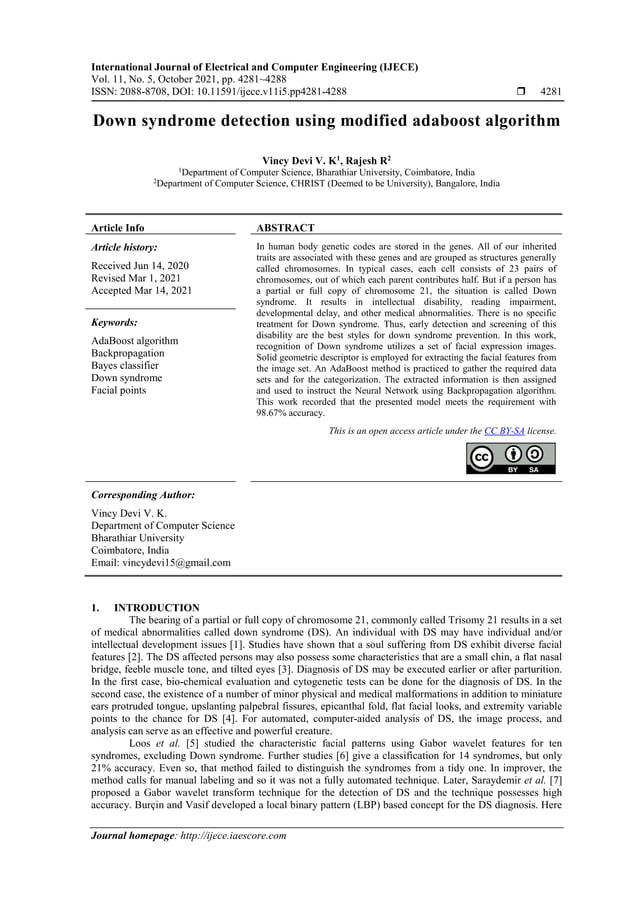 Down syndrome detection using modified adaboost algorithm | PDF | Genetics | Science