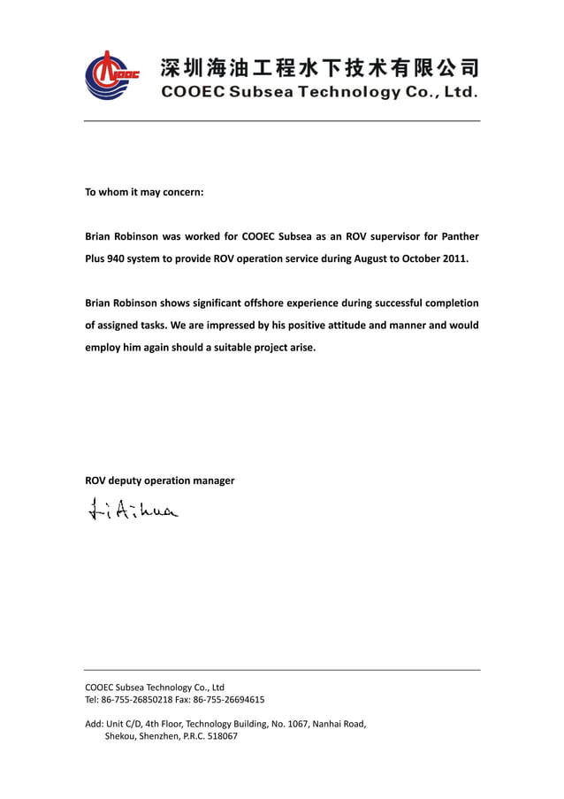 Letter of Reference for Brian Robinson-COOEC Subsea | PDF