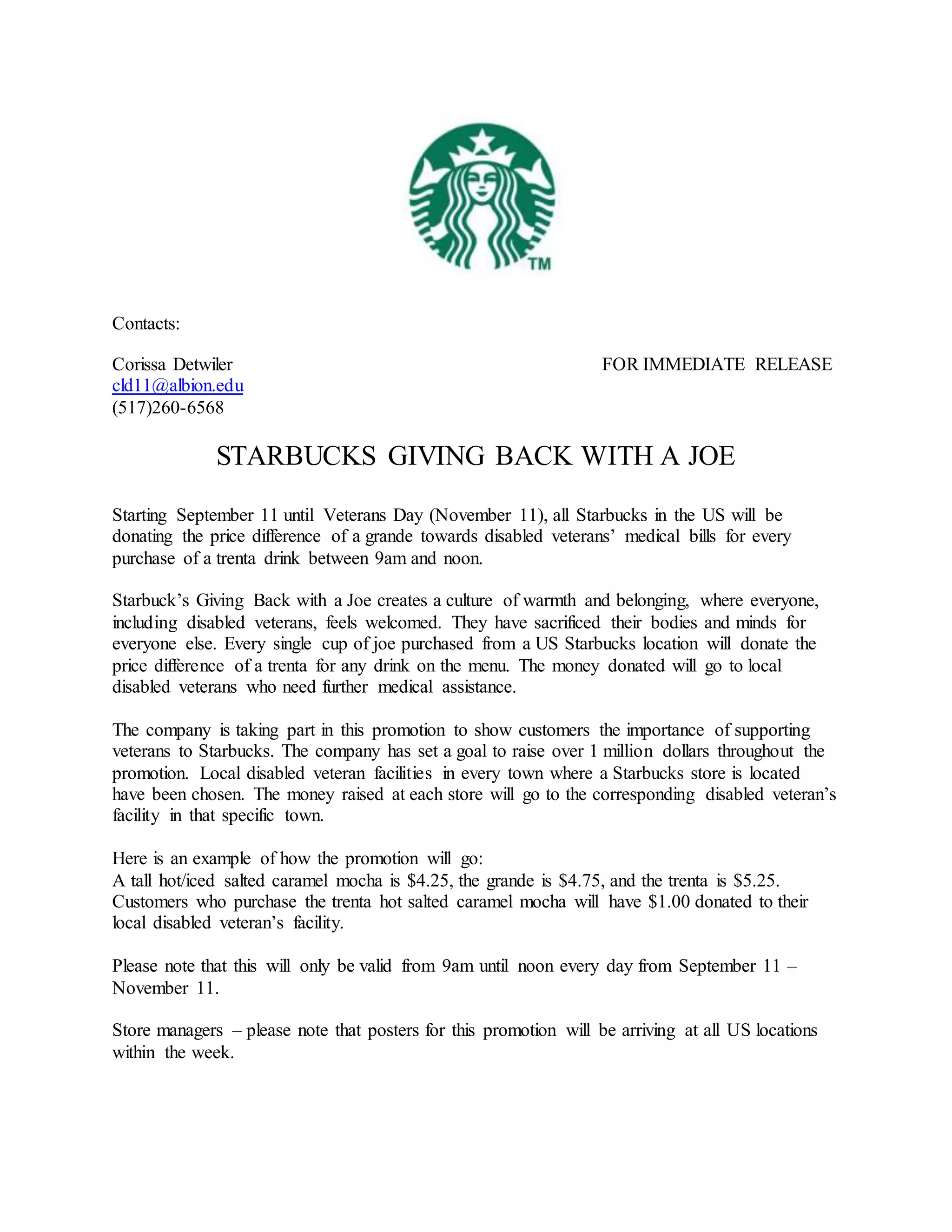 Starbucks News Release | DOCX