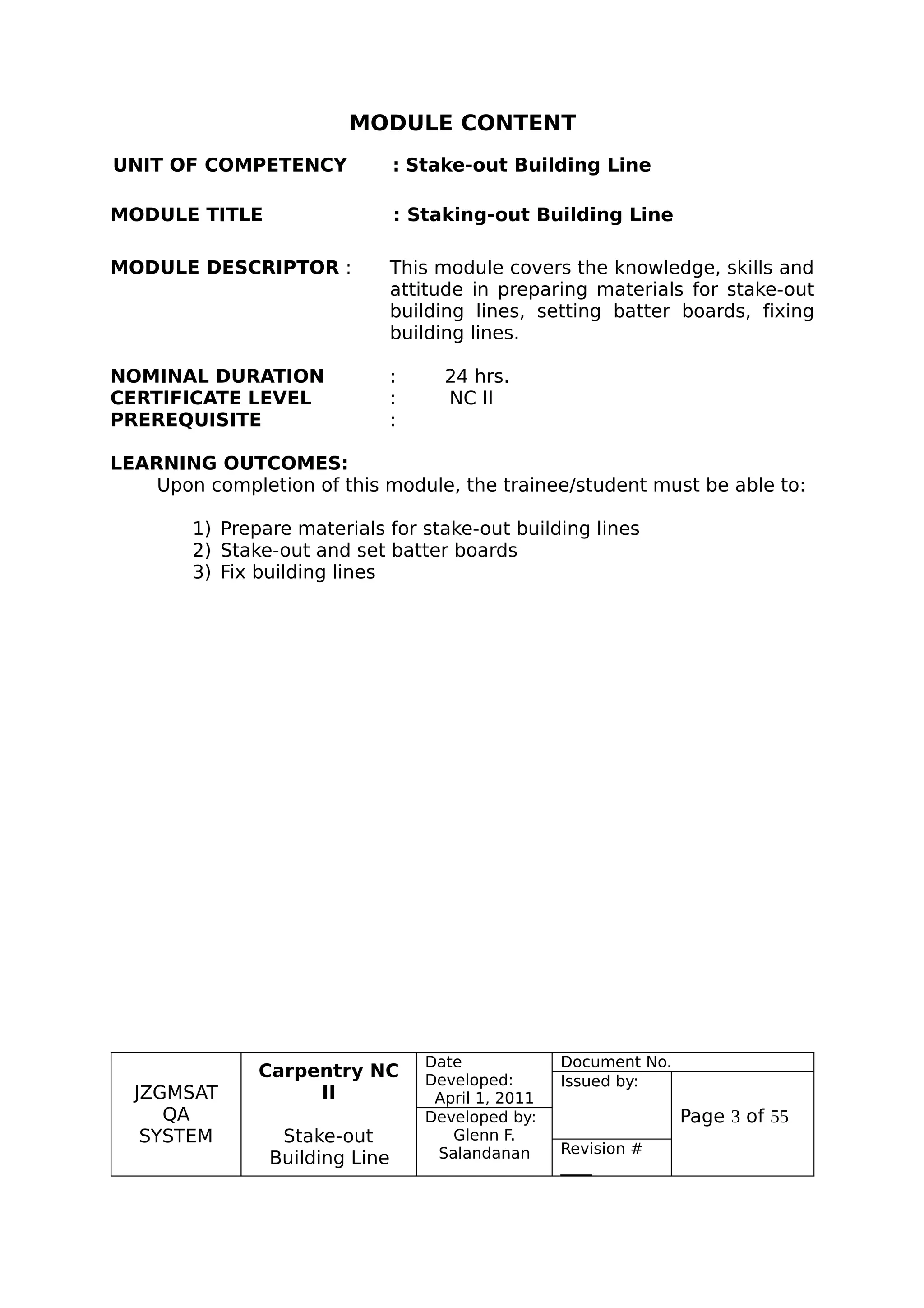 COMPETENCY BASED LEARNING MATERIALS CARPENTRY-staking-out-building-lines | PDF