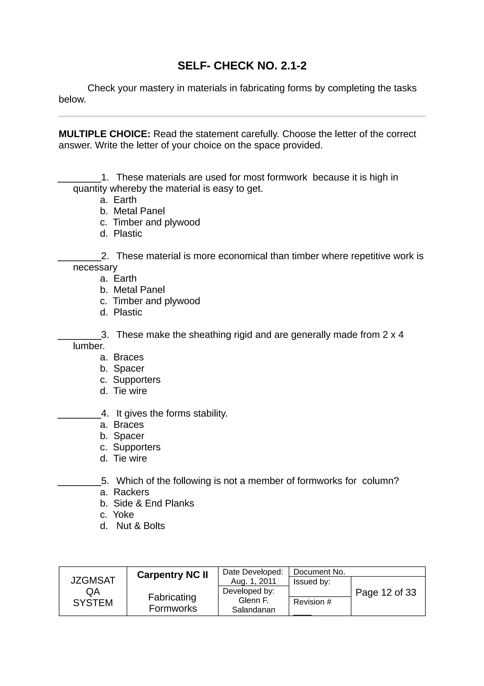 COMPETENCY-BASED LEARNING MATERIALS CARPENTRY-fabricating-formworks | PDF