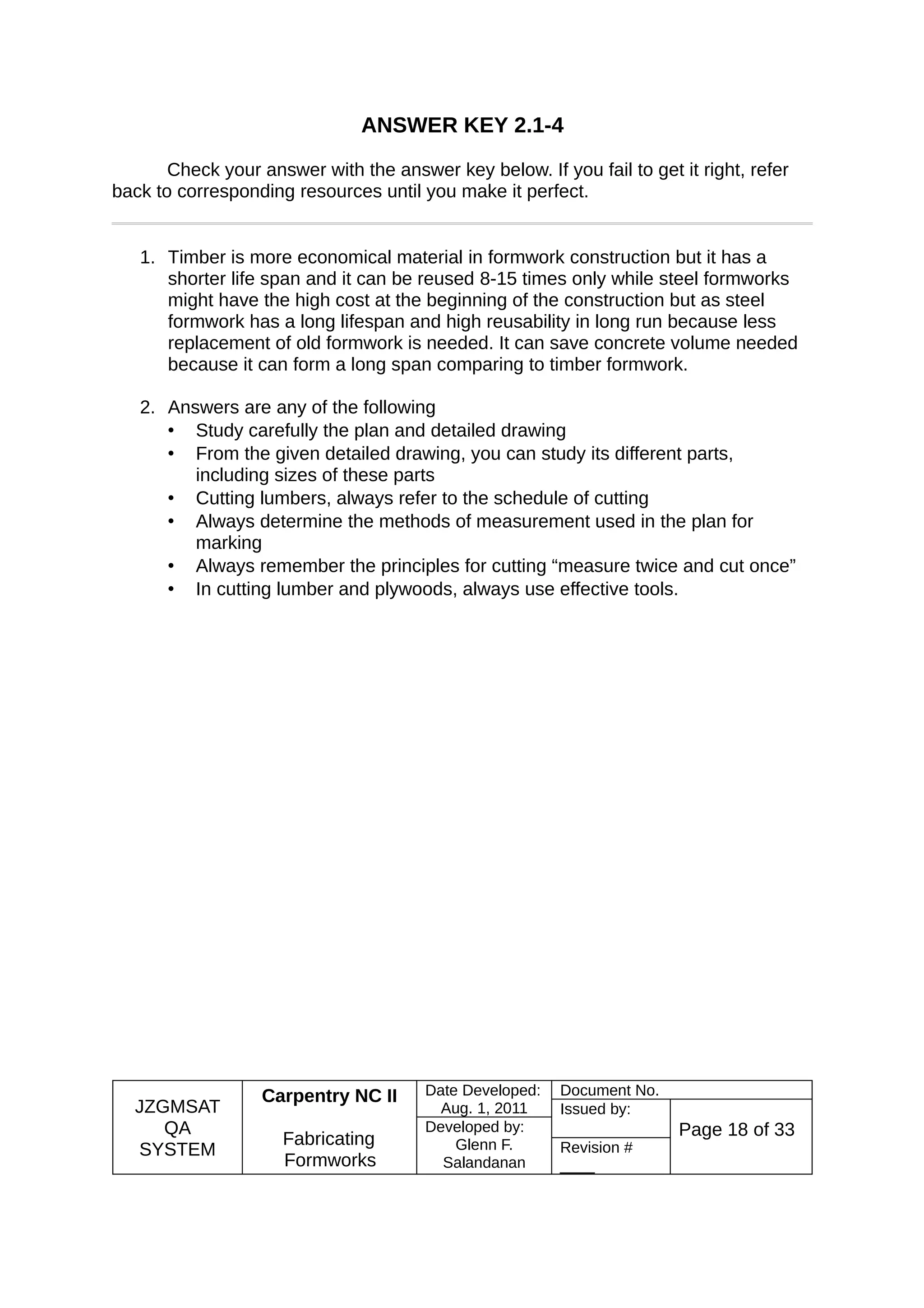 COMPETENCY-BASED LEARNING MATERIALS CARPENTRY-fabricating-formworks | PDF