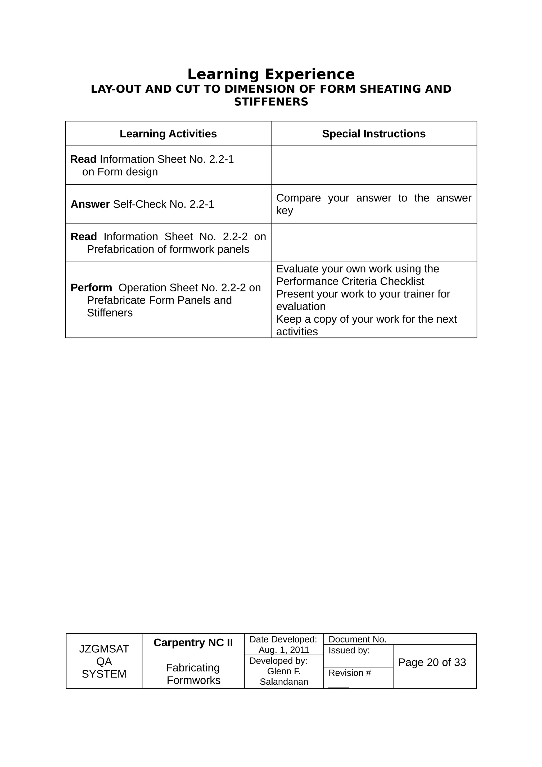 COMPETENCY-BASED LEARNING MATERIALS CARPENTRY-fabricating-formworks | PDF