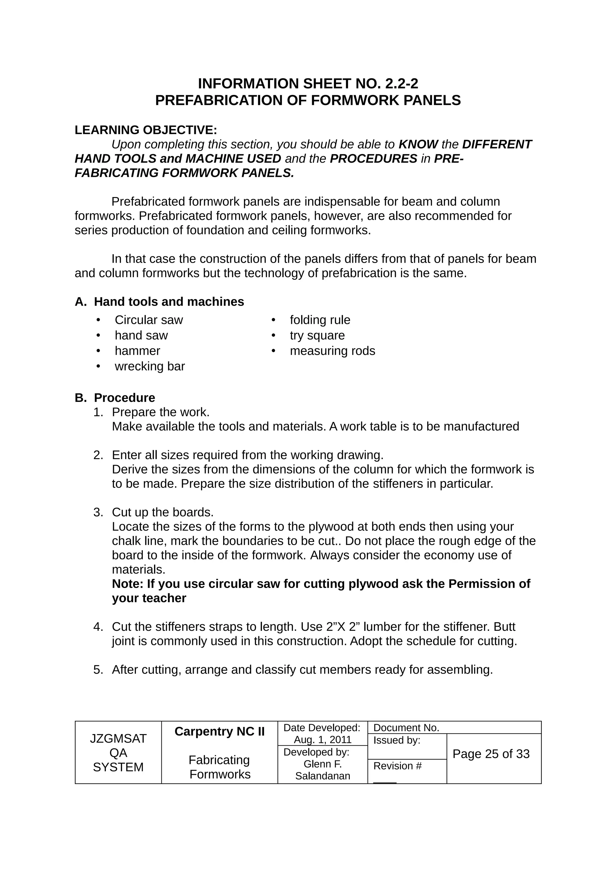 COMPETENCY-BASED LEARNING MATERIALS CARPENTRY-fabricating-formworks | PDF