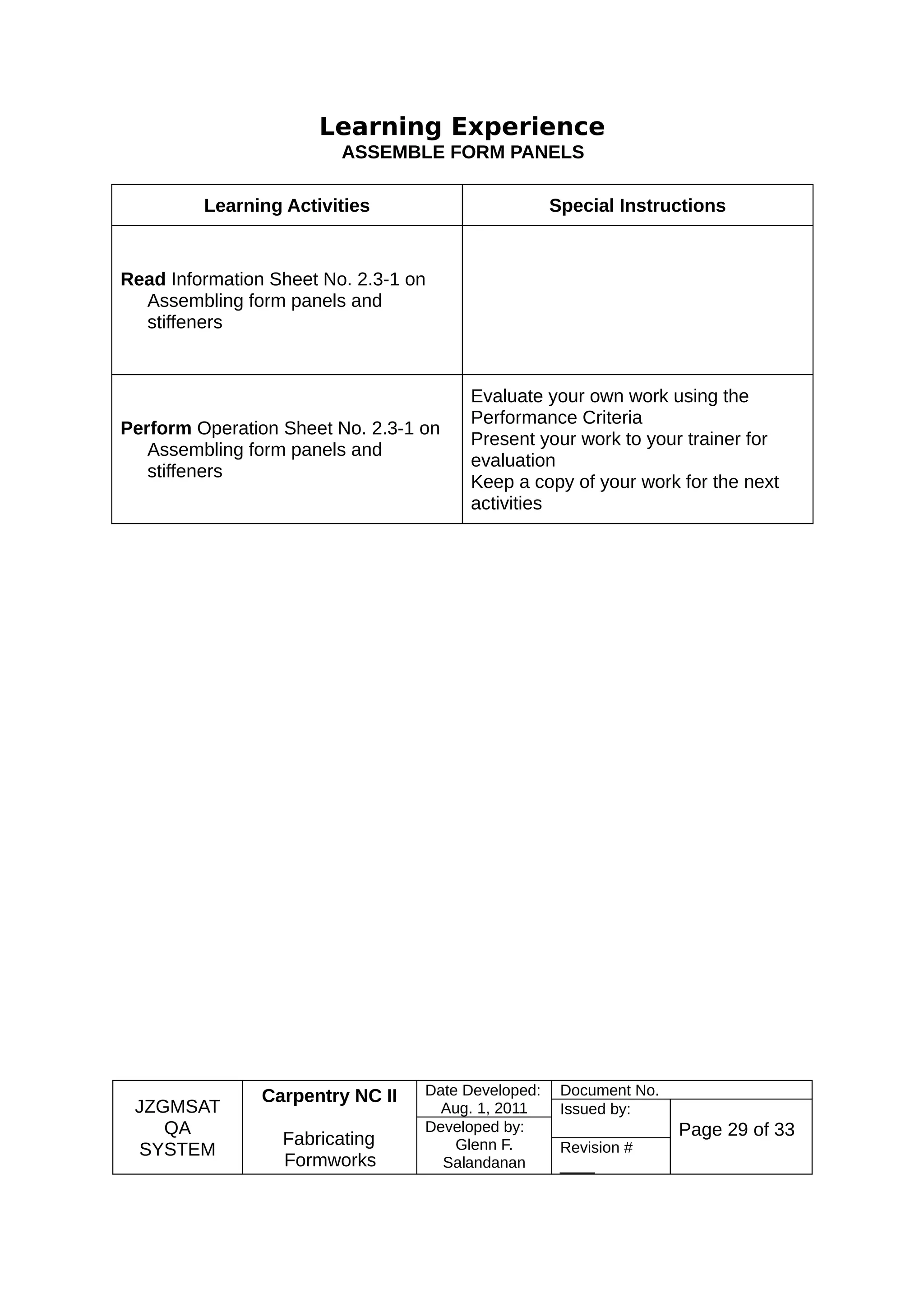 COMPETENCY-BASED LEARNING MATERIALS CARPENTRY-fabricating-formworks | PDF