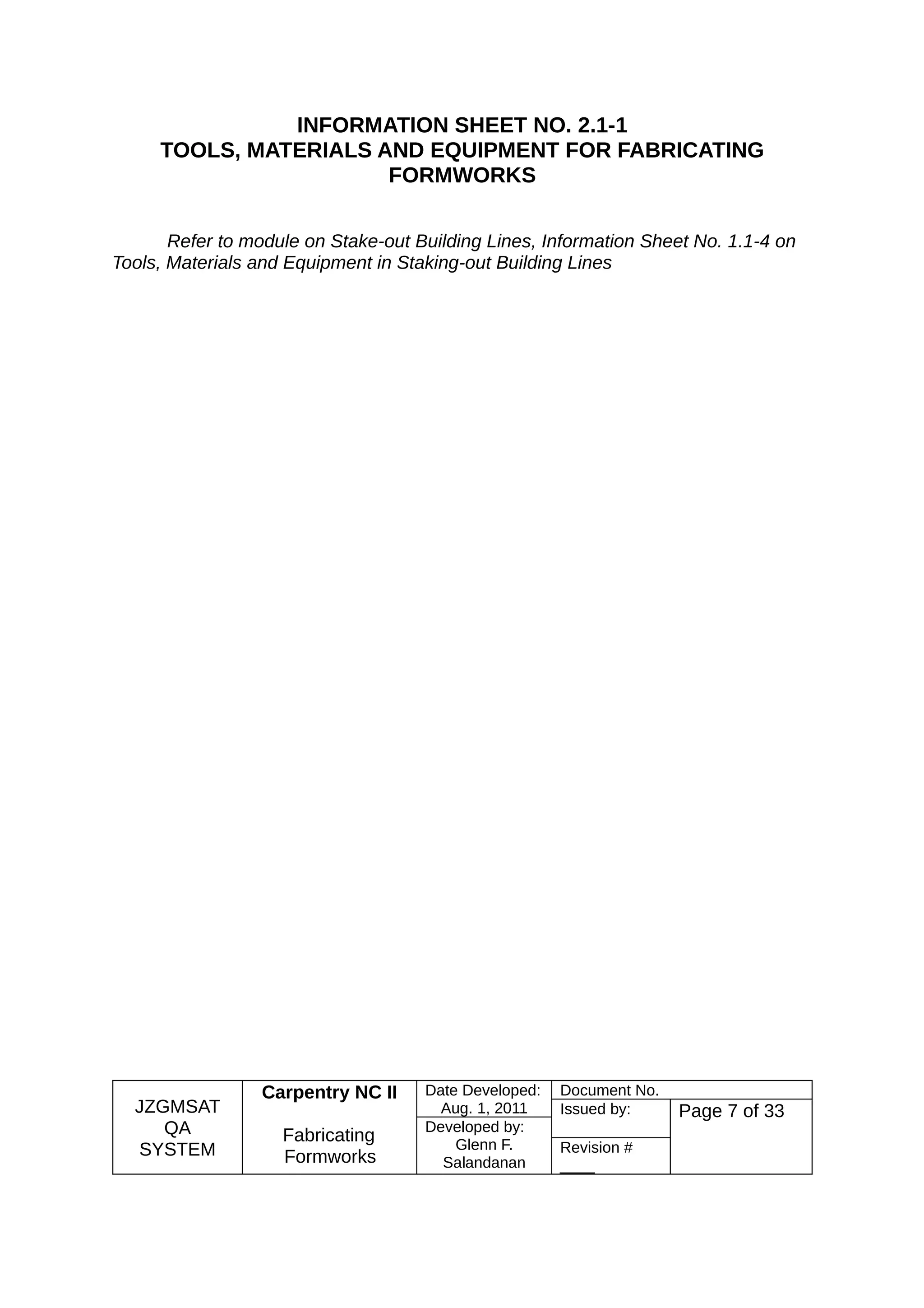 COMPETENCY-BASED LEARNING MATERIALS CARPENTRY-fabricating-formworks | PDF