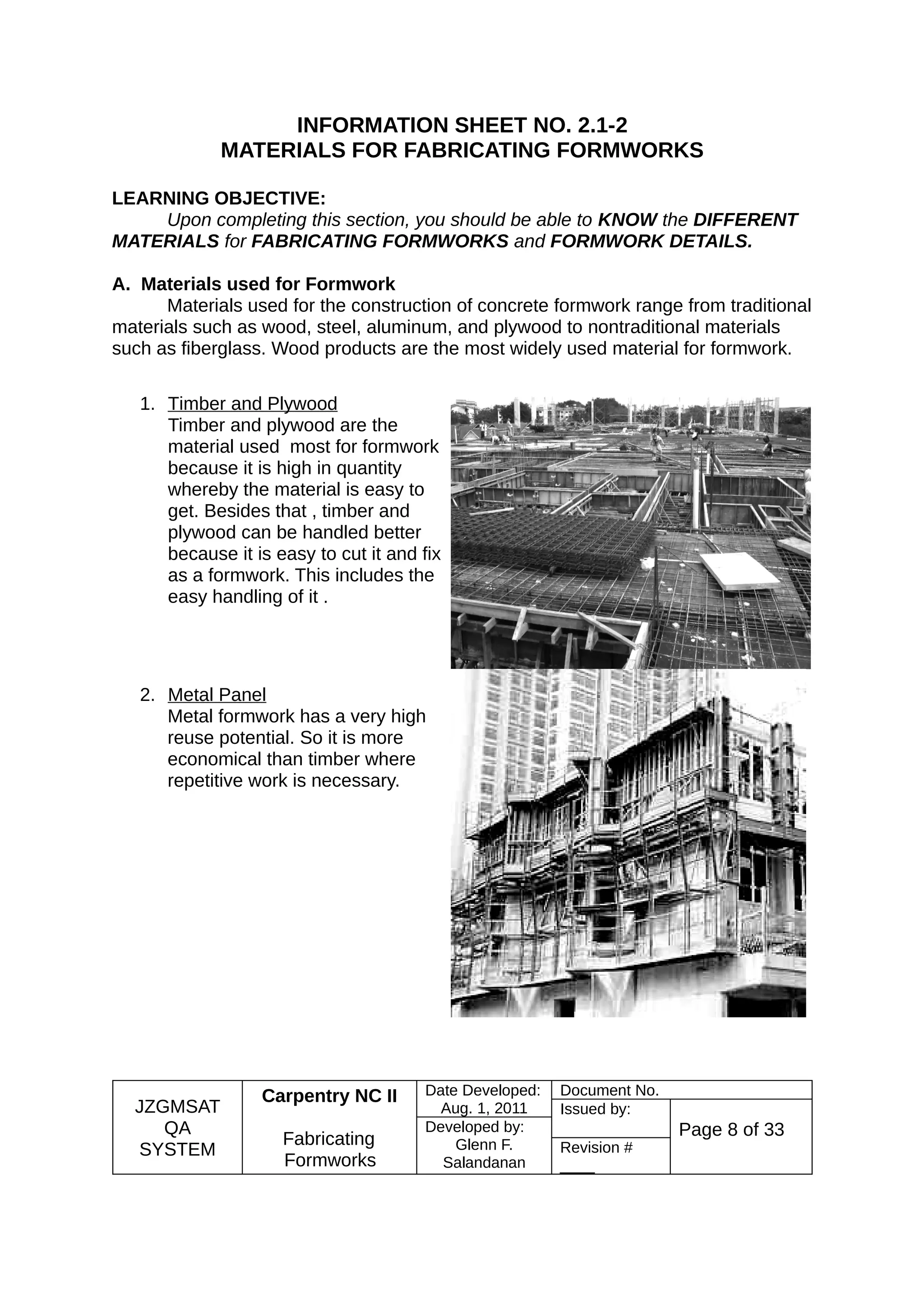 COMPETENCY-BASED LEARNING MATERIALS CARPENTRY-fabricating-formworks | PDF