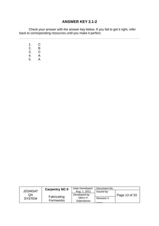 COMPETENCY-BASED LEARNING MATERIALS CARPENTRY-fabricating-formworks | PDF