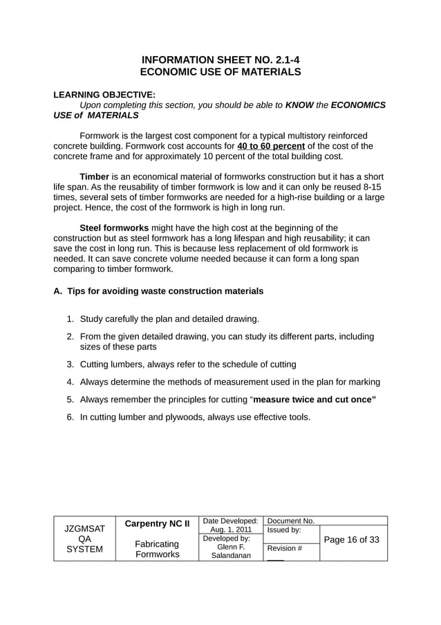 COMPETENCY-BASED LEARNING MATERIALS CARPENTRY-fabricating-formworks | PDF