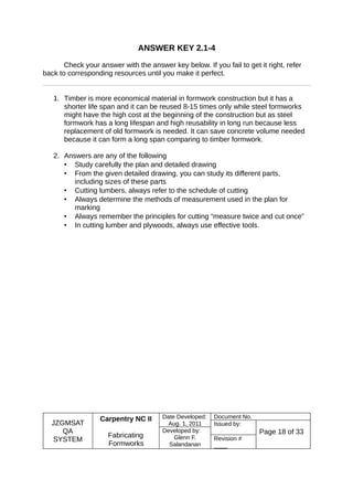 COMPETENCY-BASED LEARNING MATERIALS CARPENTRY-fabricating-formworks | PDF