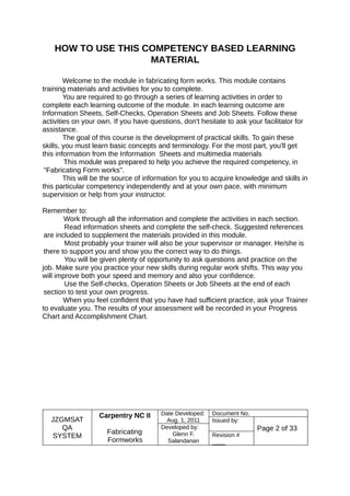 COMPETENCY-BASED LEARNING MATERIALS CARPENTRY-fabricating-formworks | PDF