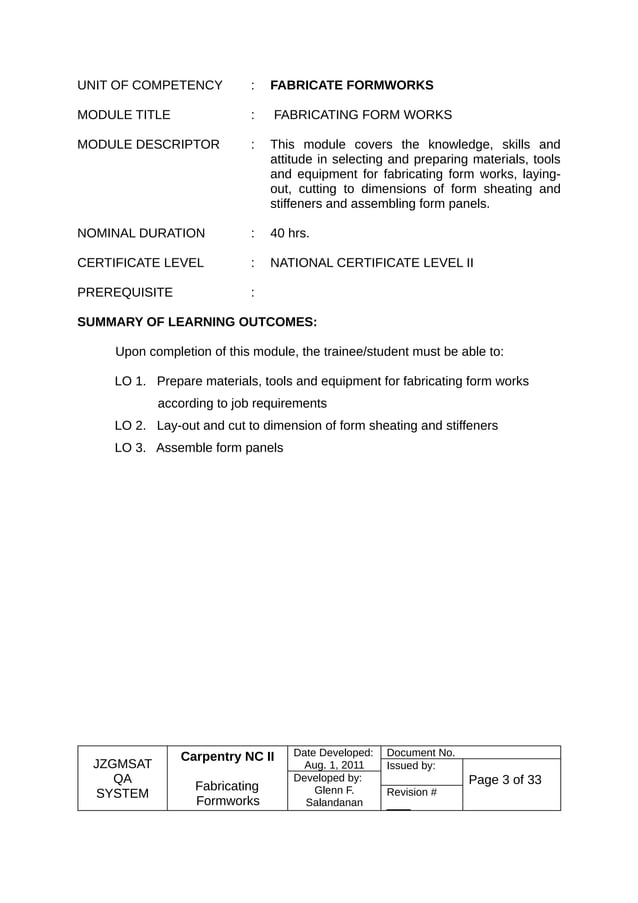 COMPETENCY-BASED LEARNING MATERIALS CARPENTRY-fabricating-formworks | PDF