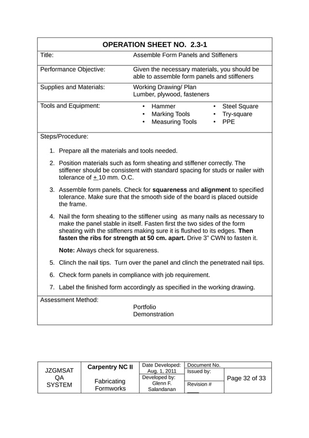 COMPETENCY-BASED LEARNING MATERIALS CARPENTRY-fabricating-formworks | PDF