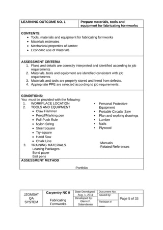 COMPETENCY-BASED LEARNING MATERIALS CARPENTRY-fabricating-formworks | PDF