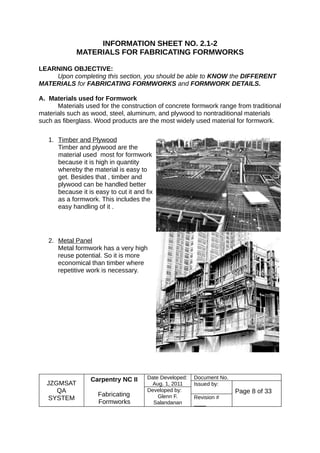 COMPETENCY-BASED LEARNING MATERIALS CARPENTRY-fabricating-formworks | PDF