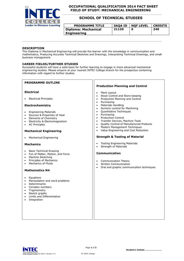 21120 - Diploma Mechanical Engineering - Fact sheet | PDF | Educational ...