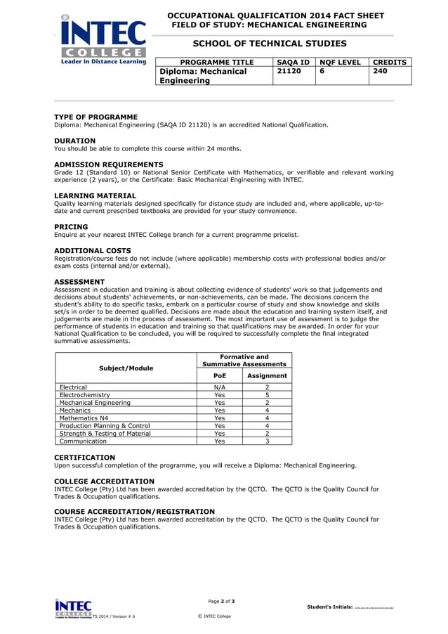 21120 - Diploma Mechanical Engineering - Fact sheet | PDF | Educational ...