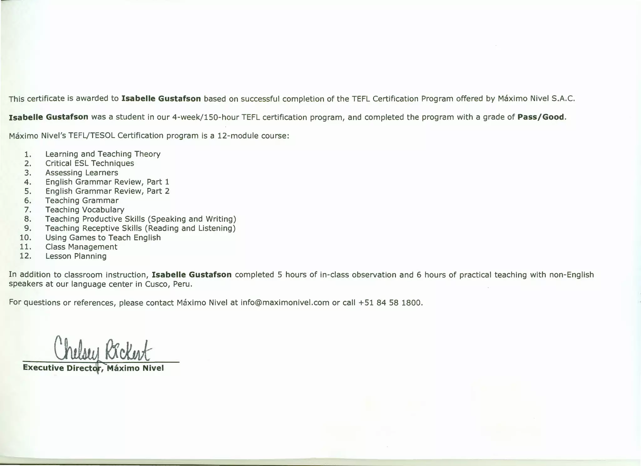 Isabelle Gustafson TEFL Certificate | PDF