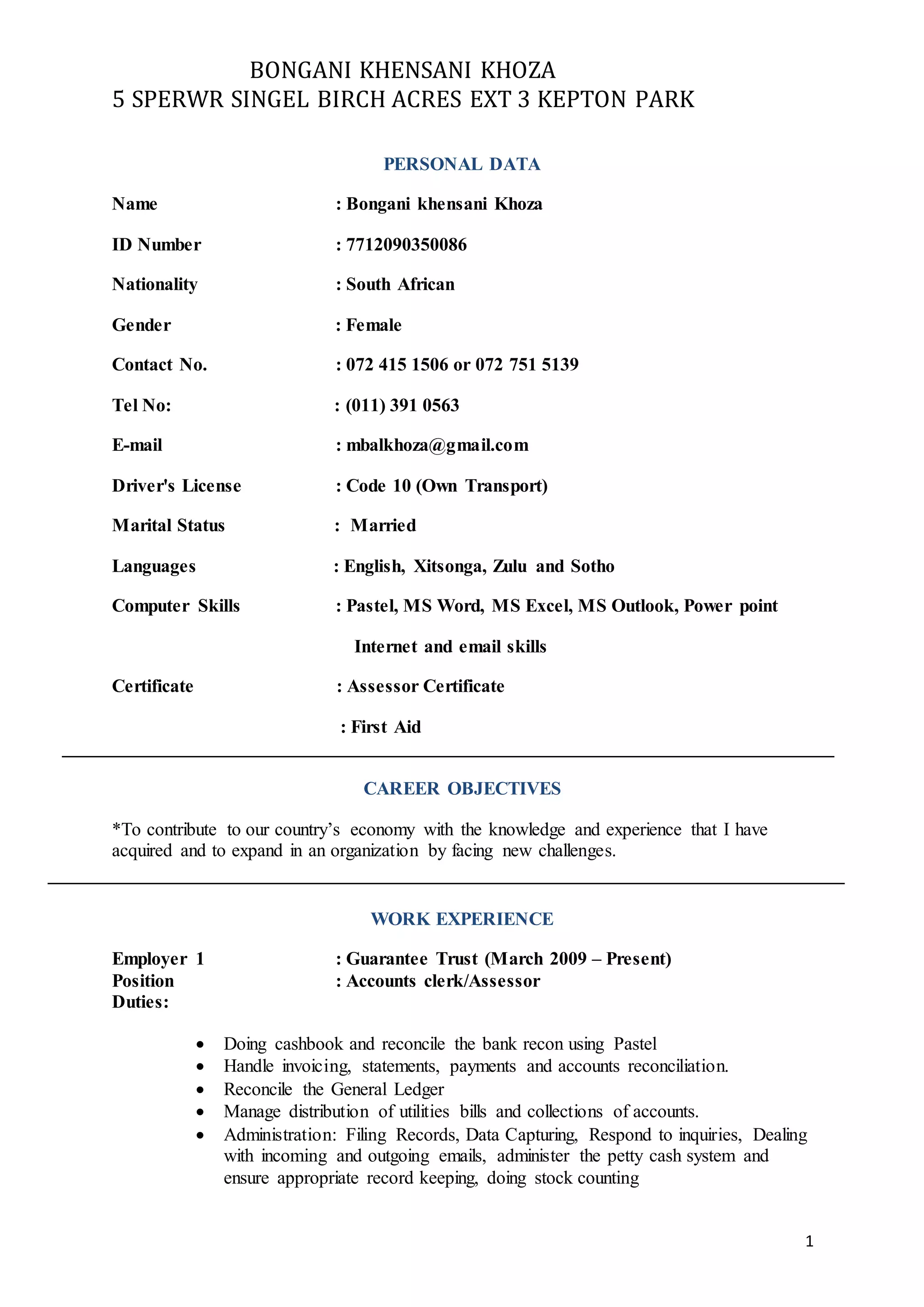 BONGANI CV | DOCX | Business Accounting & Finance | Business