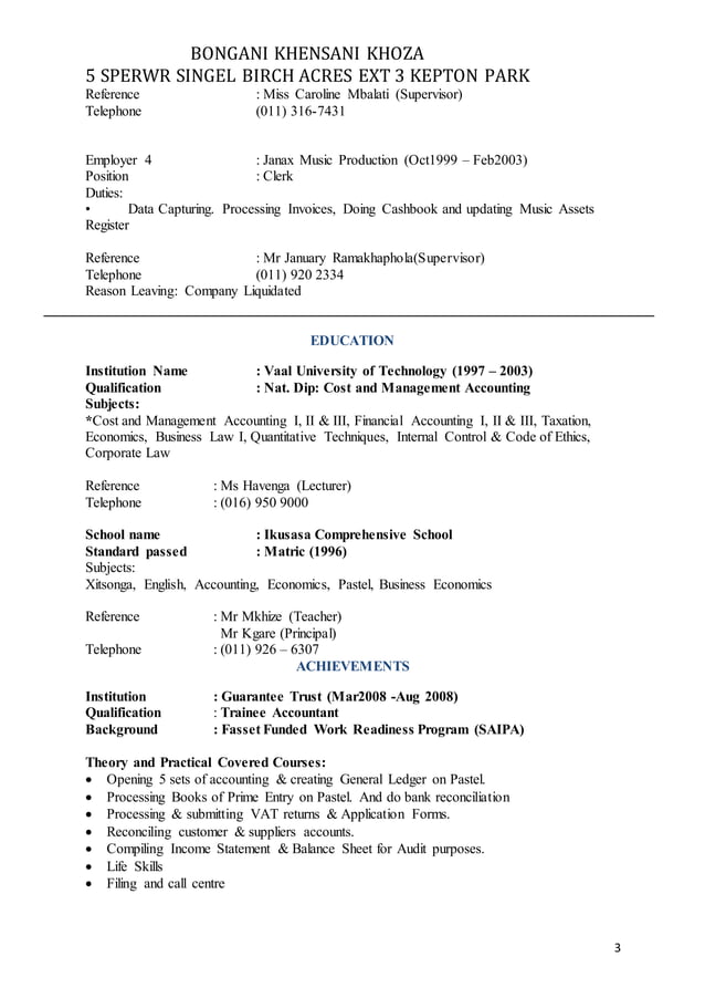 BONGANI CV | DOCX | Business Accounting & Finance | Business