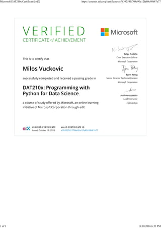 Microsoft DAT210x Certificate - edX | PDF