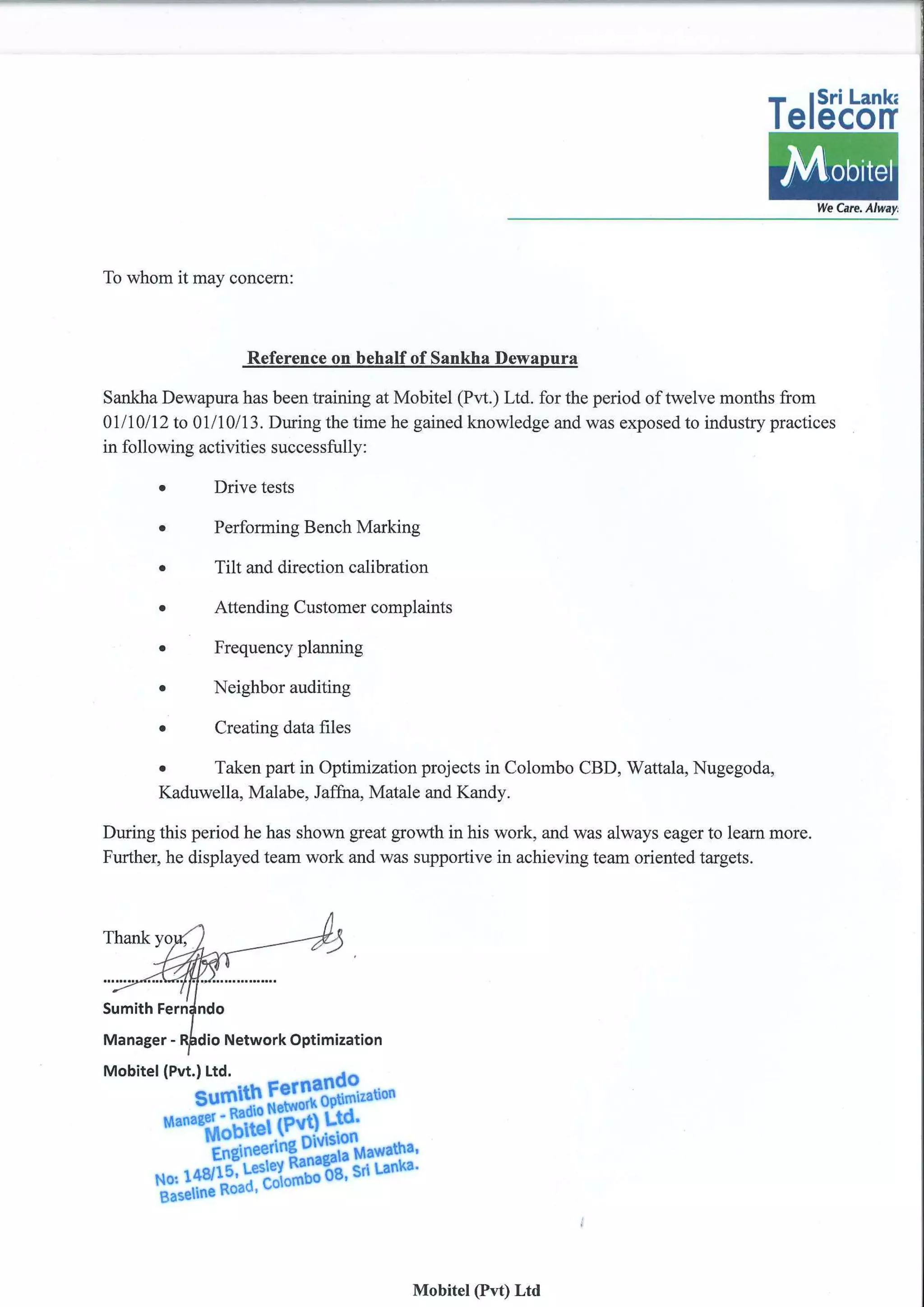 Mobitel Referance letter | PDF