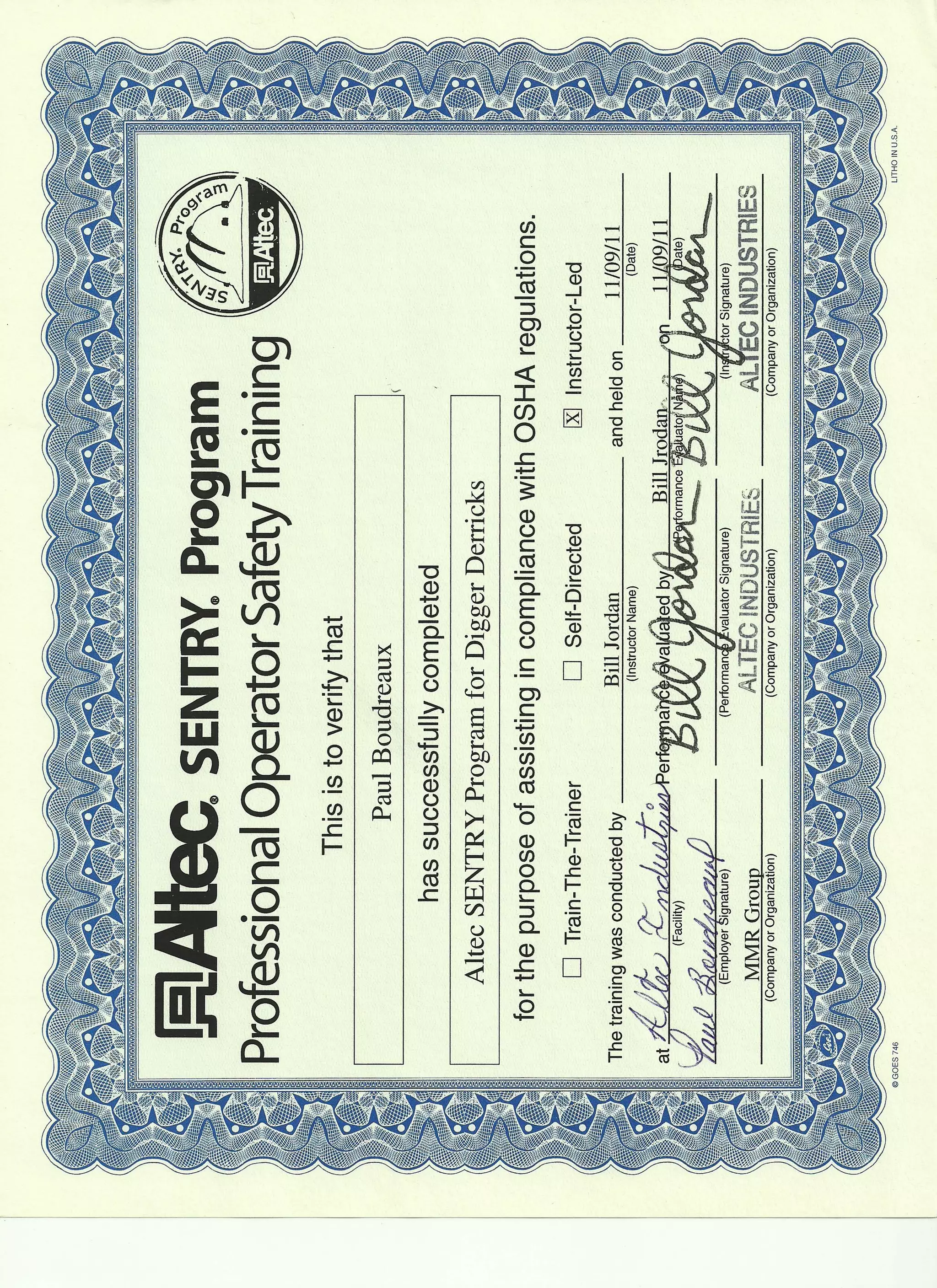 Paul Boudreaux Altec Digger Derrick Certificate | PDF