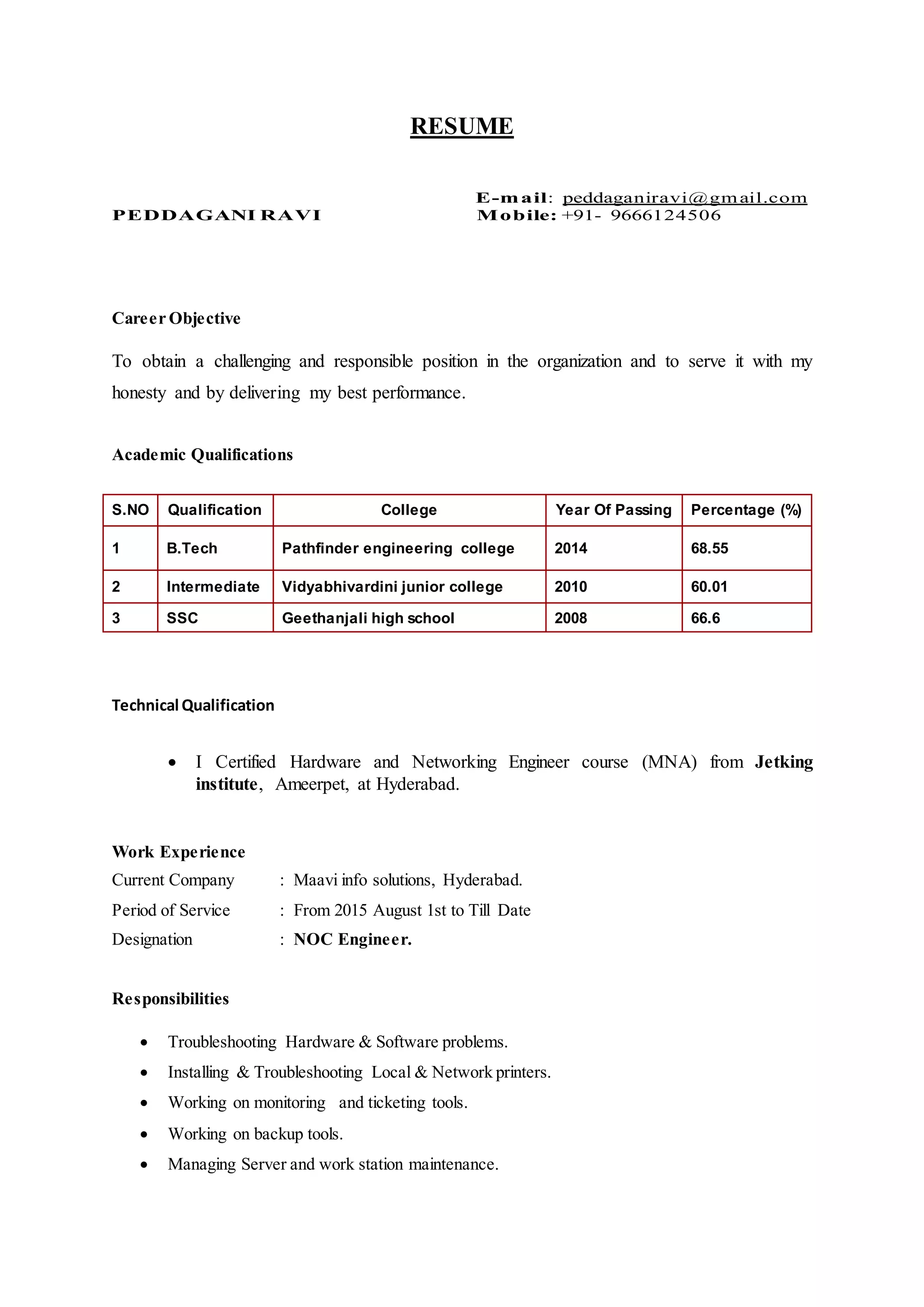 NOC Resume | DOCX | Computing | Technology & Computing