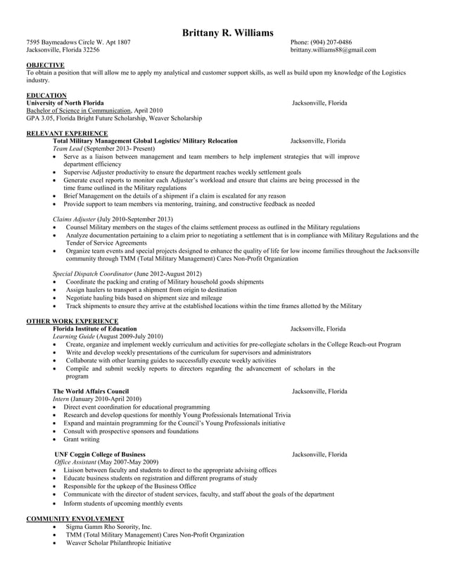 Brittany Williams Resume 2016 | PDF | Logistics | Business