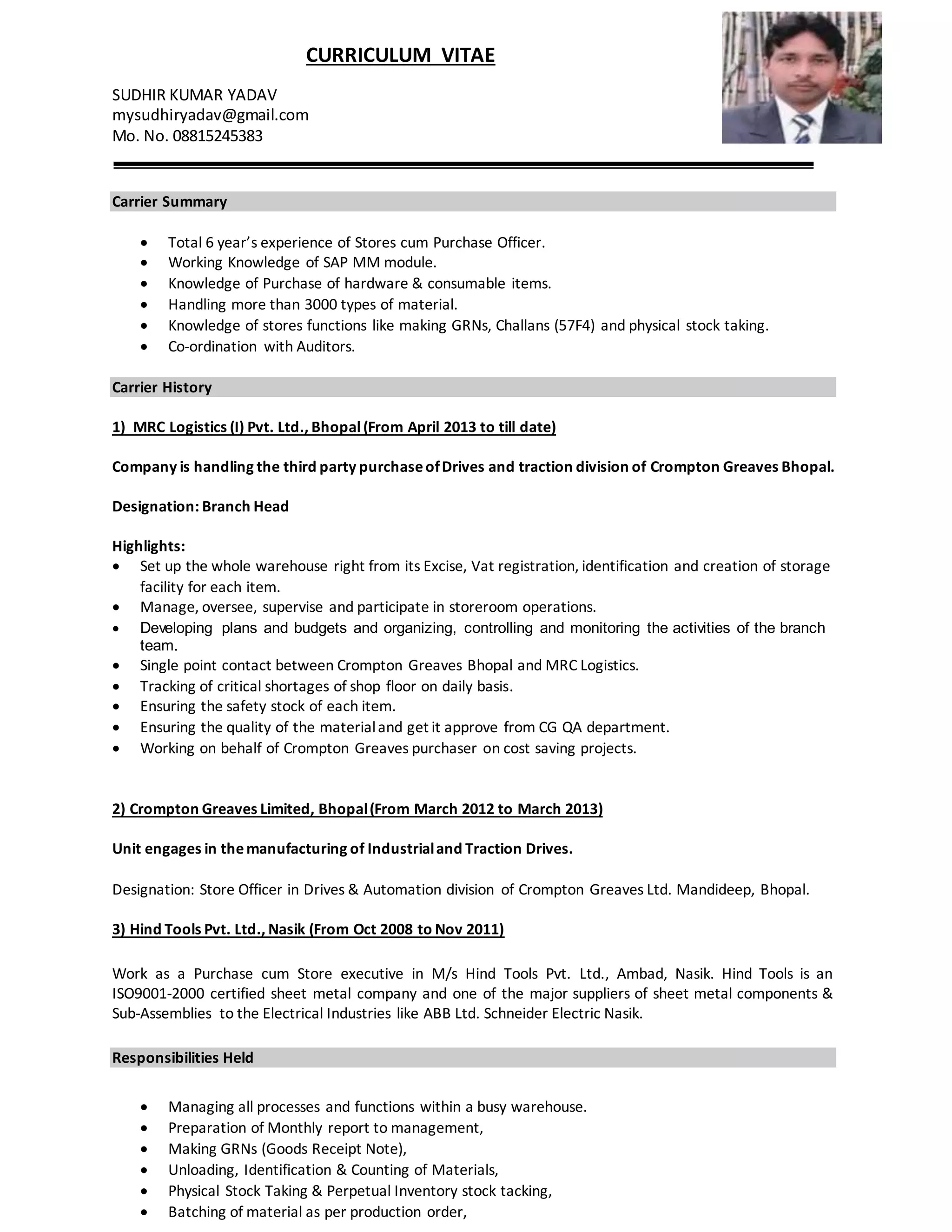 Resume_Sudhir Yadav _6 _Years_Exp_Branch Head | DOCX