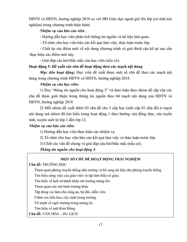TÀI LIỆU TẬP HUẤN HƯỚNG DẪN THỰC HIỆN CHƯƠNG TRÌNH HOẠT ĐỘNG TRẢI NGHIỆM VÀ HOẠT ĐỘNG TRẢI ...