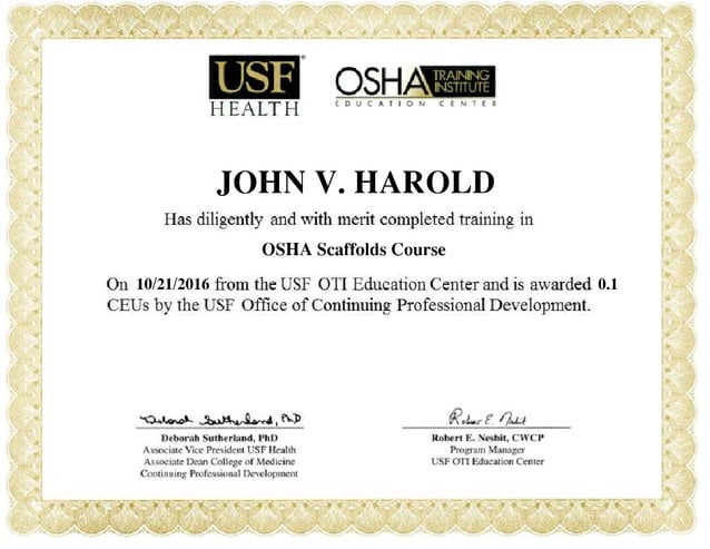University of South Florida OSHA Scaffolds Certificate 10212016 | PDF