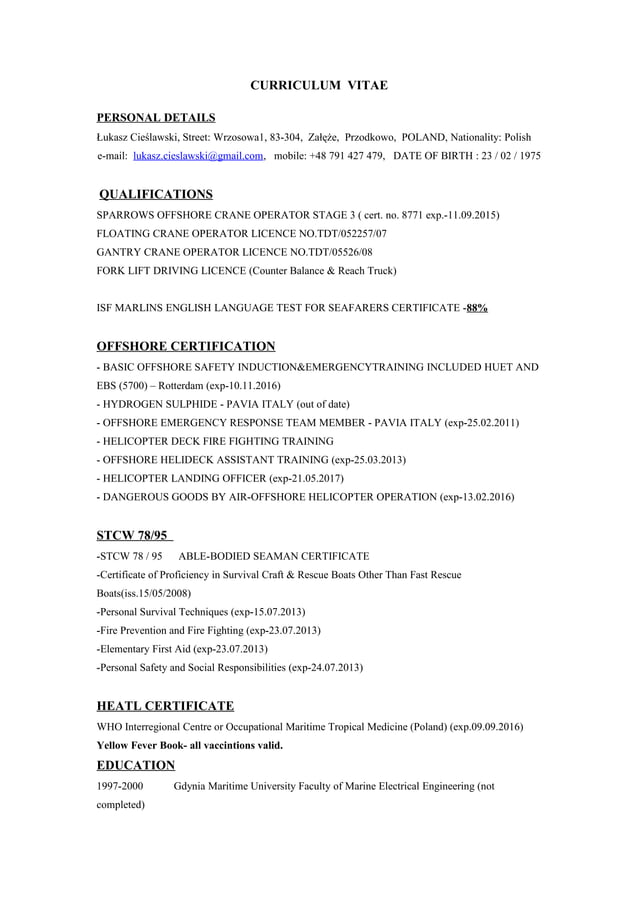 Lukasz Cieslawski CV Crane operator | PDF