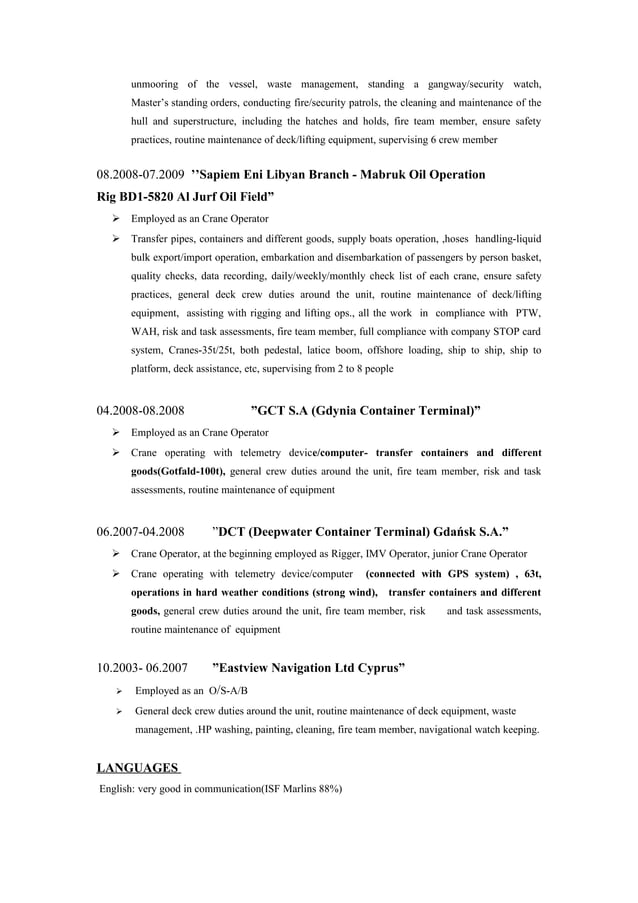 Lukasz Cieslawski CV Crane operator | PDF