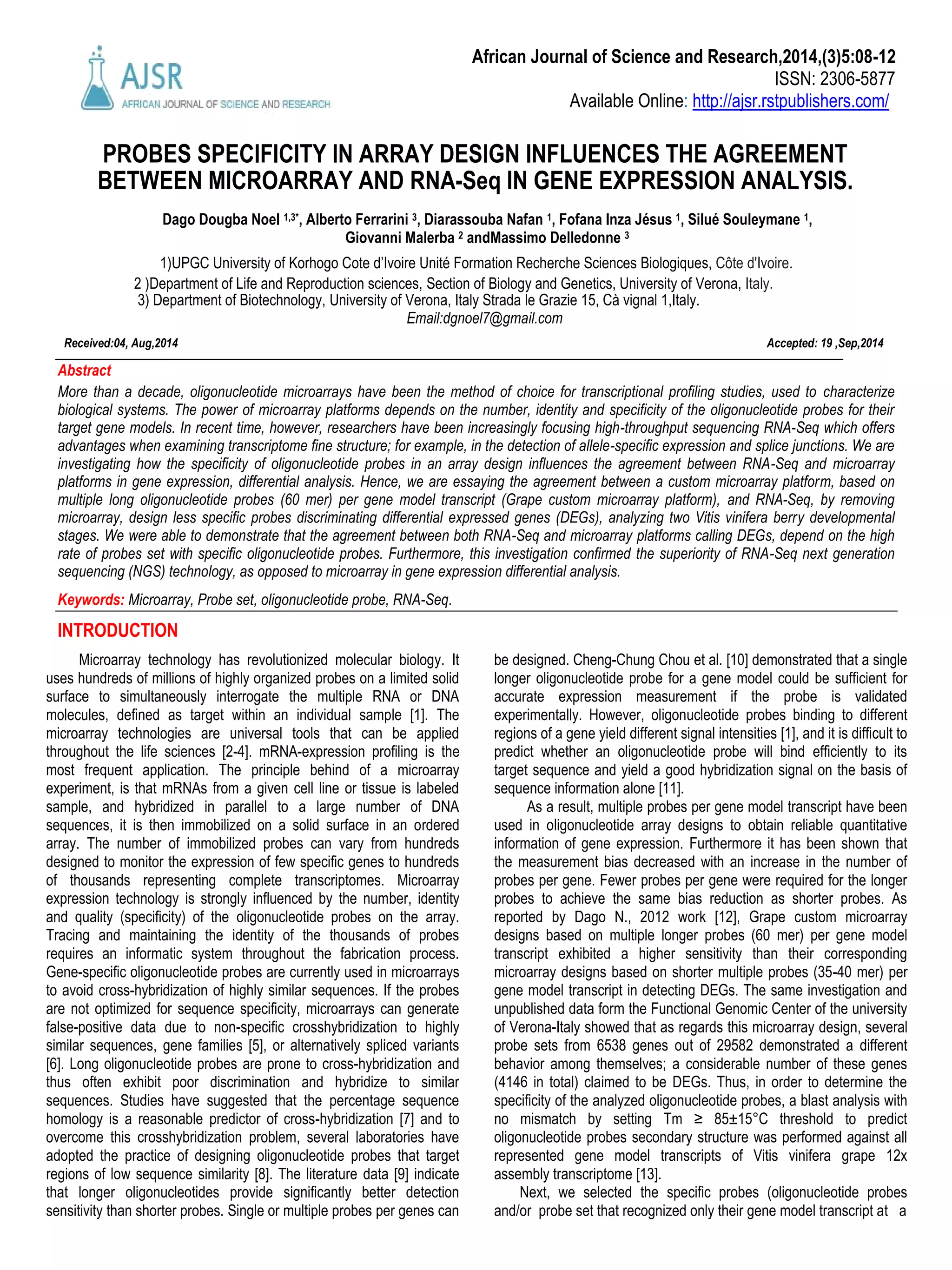 Dago et al. 2014 (Probes Specificity, Microarray, RNA-Seq, Gene Expression) | PDF