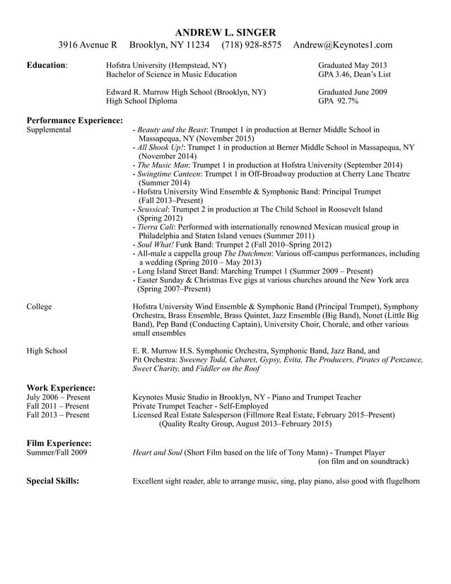 Andrew Singer Resume (Performance) | PDF