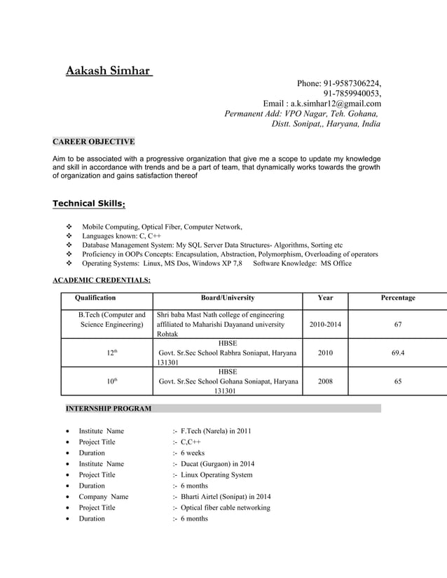 Aakash sihmar resume | DOC | Computing | Technology & Computing