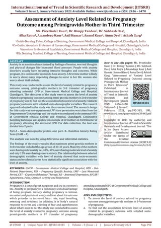 Assessment of Anxiety Level Related to Pregnancy Outcome among Primigravida Mother in Third ...