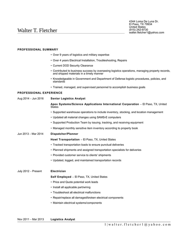 Walter T Fletcher Resume revision 1 | PDF