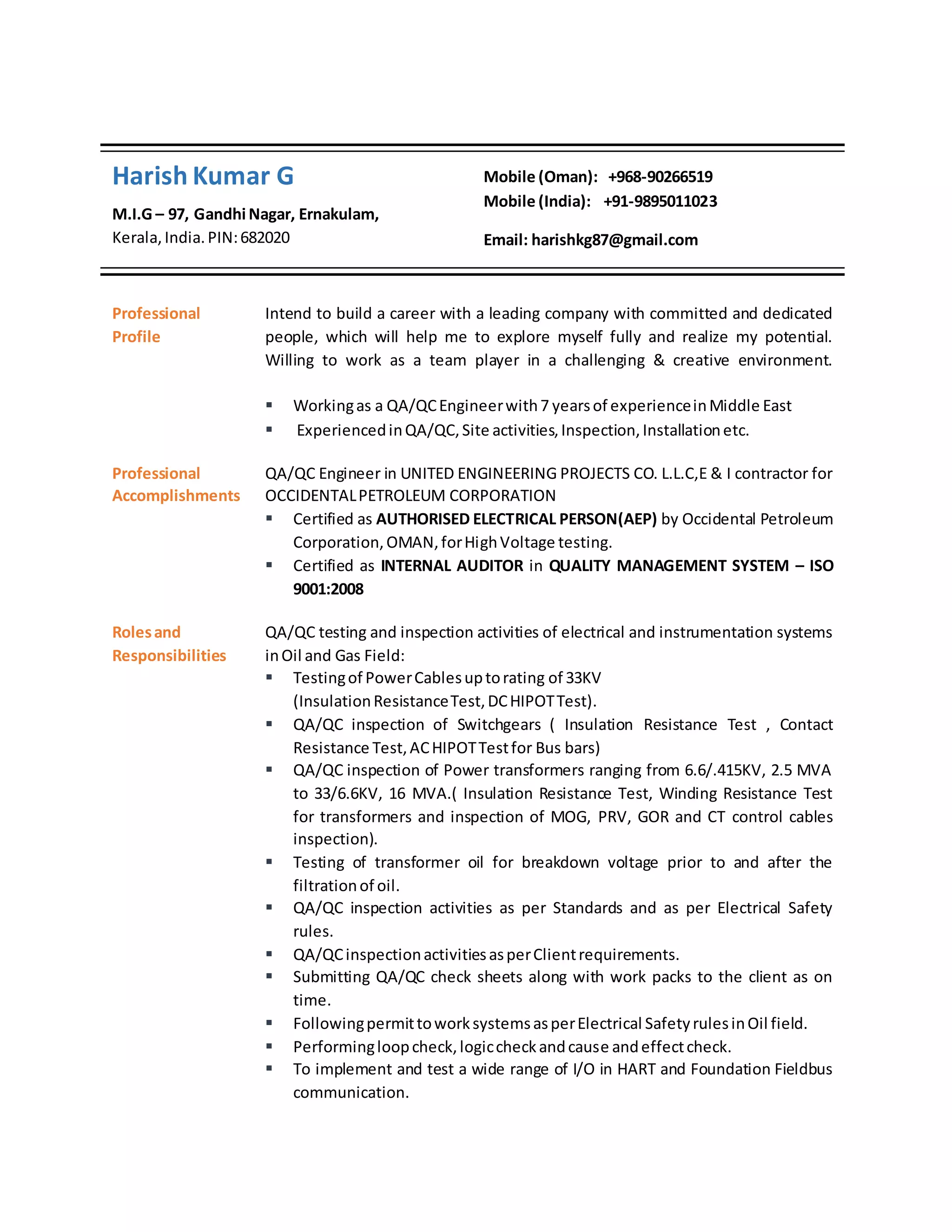 Harish_QA_QC_Engineer_resume | DOCX