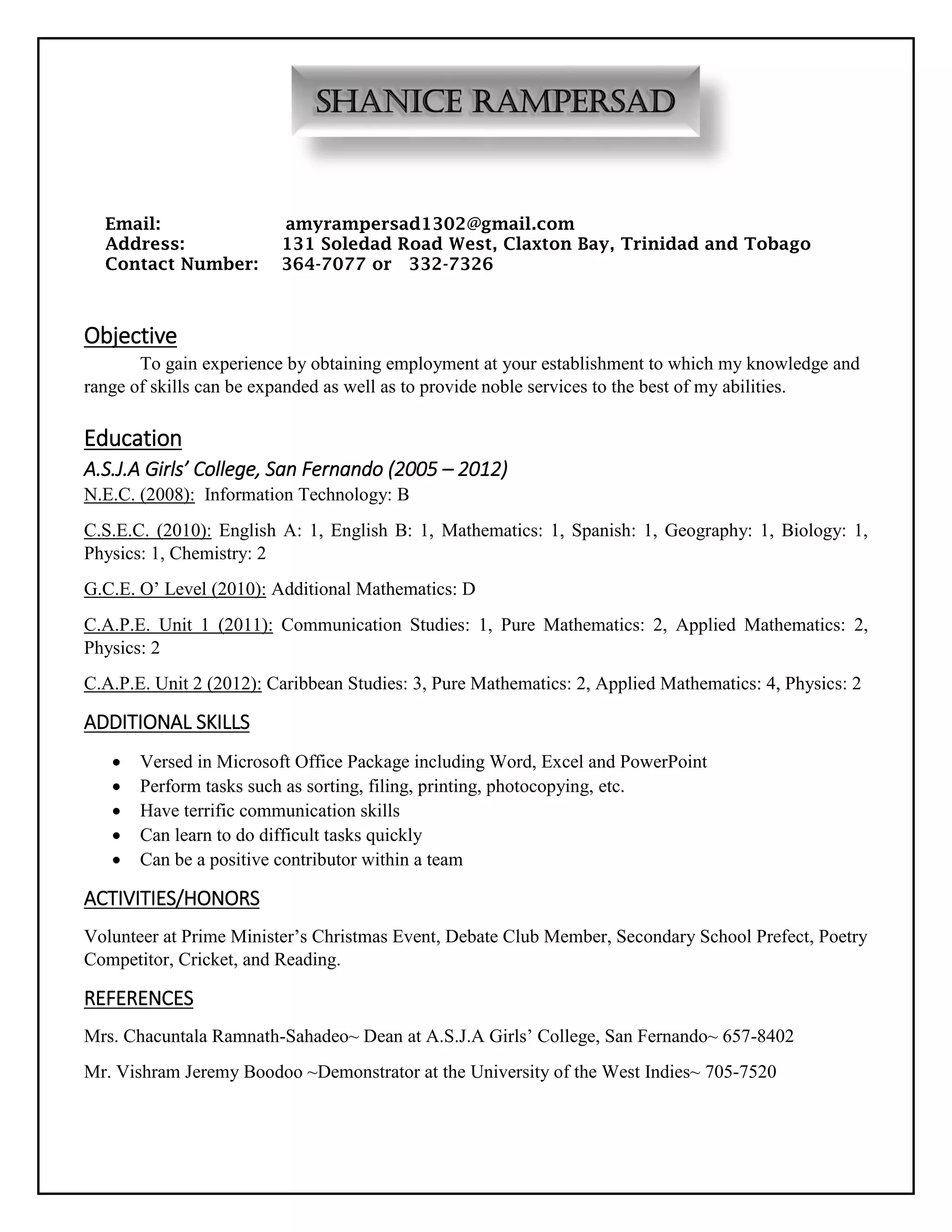 ShaniceRampersad Resume 1.0 | PDF