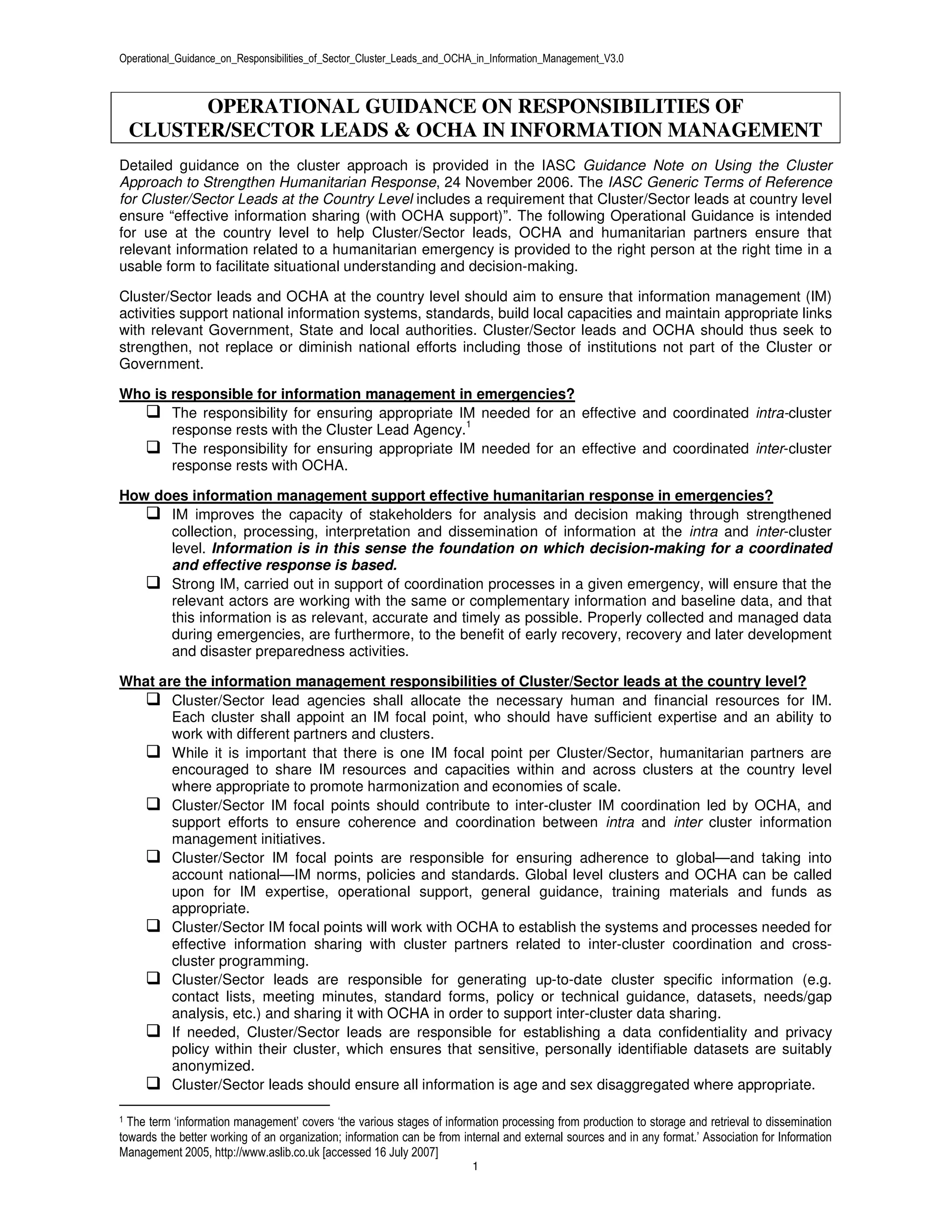 IASC Operational Guidance on Responsibilities of Sector Cluster Leads ...