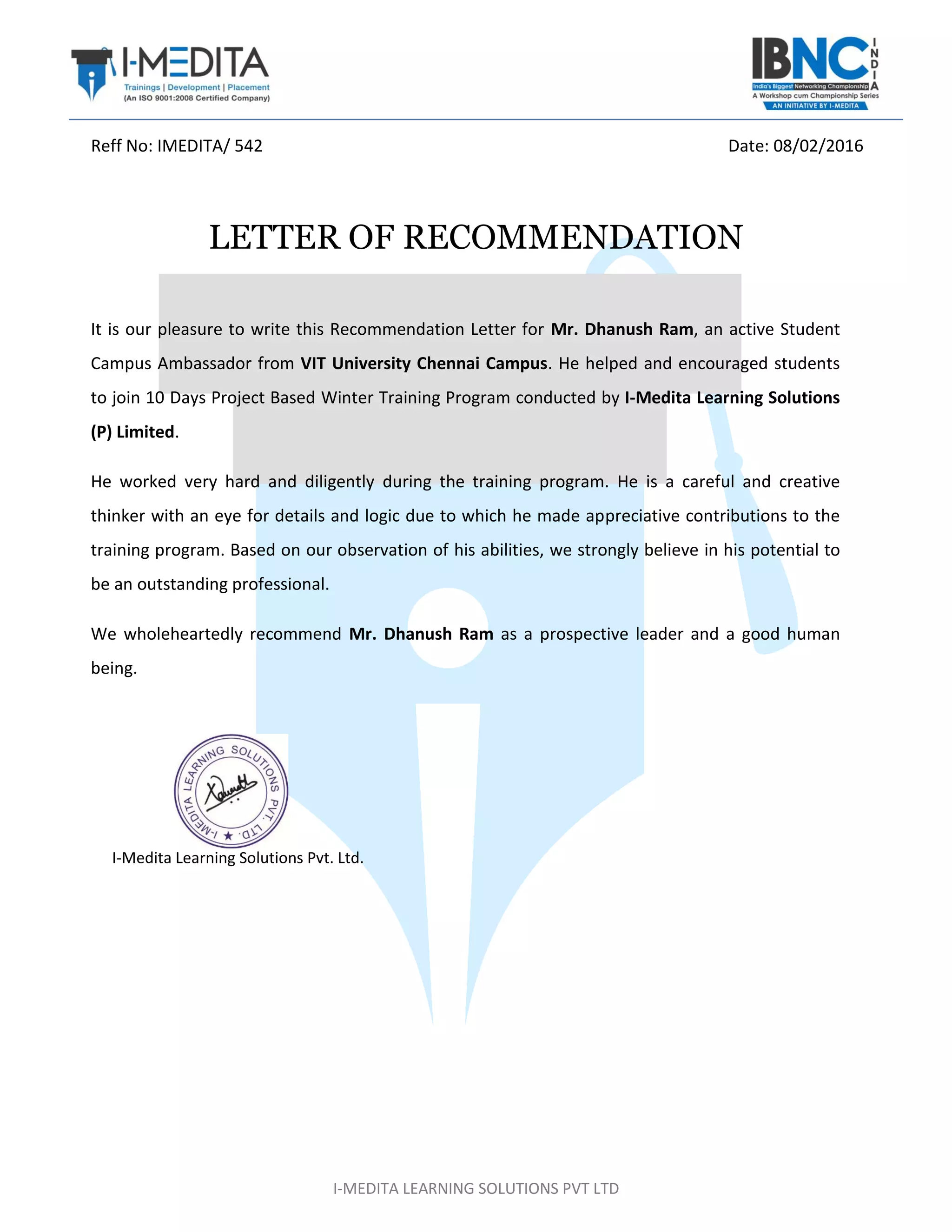 Letter of Recommendation_Dhanush Ram | PDF